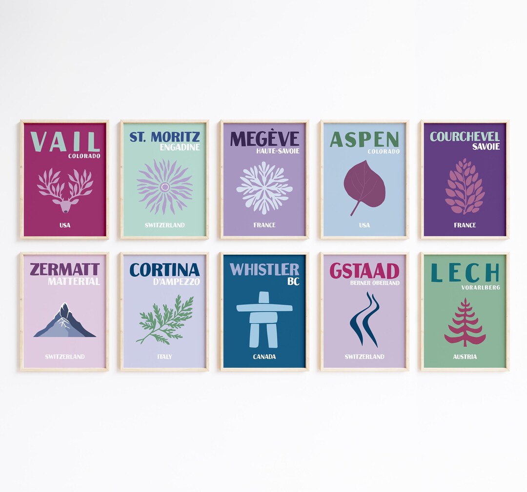 Ski Resort Poster Set: Preppy Travel Prints, Winter Wall Art (digital ...