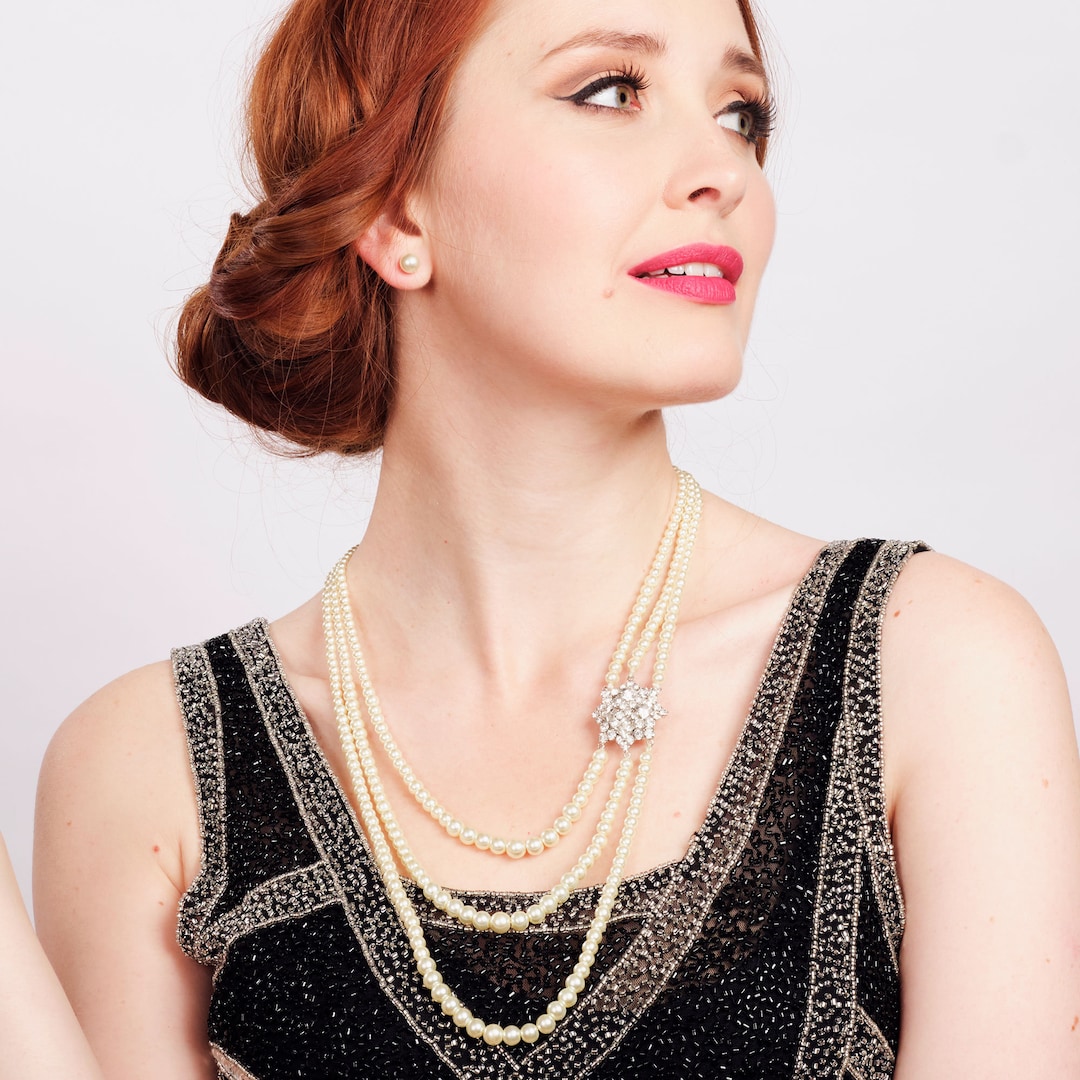 Vintage 3 Row 1920s Pearl Necklace With Crystal Pendant: Art Deco ...