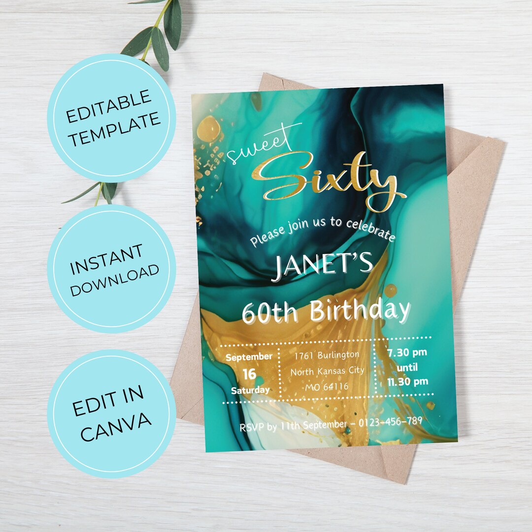 Sweet Sixty Womans 60th Birthday Invitation Digital Template, Teal ...