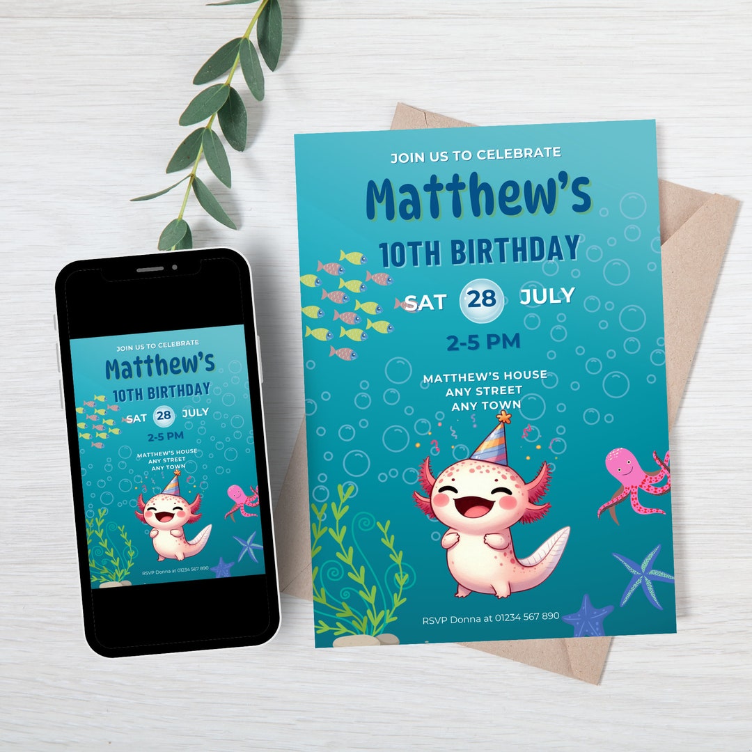 Axolotl Birthday Invitation Blue, Printable, Edit in Canva, Boys Party ...