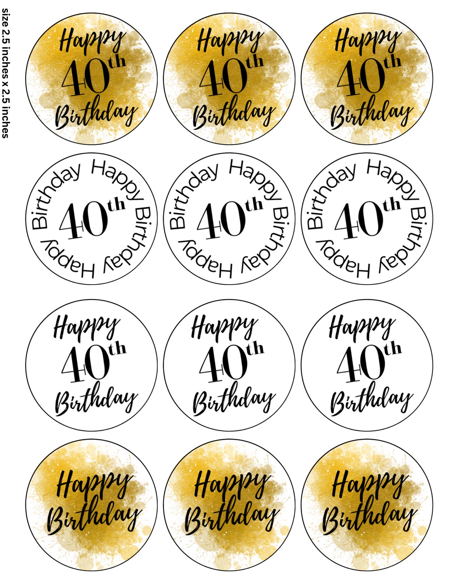 40th Birthday Cupcake Topper Template, Black and Gold, 2 Sizes, 2 X 2 ...