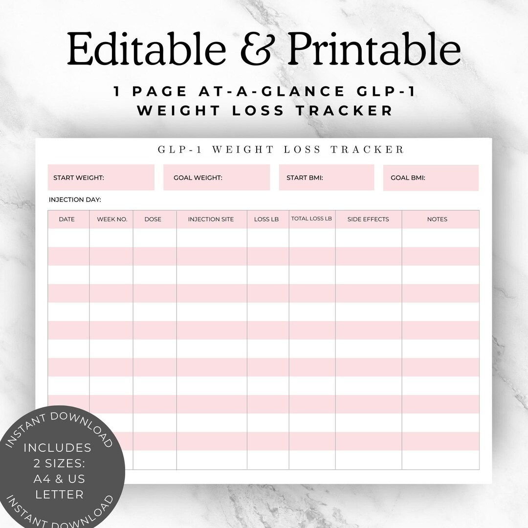 Printable GLP-1 Weight Loss Tracker, 1-page Format, Editable in Canva ...