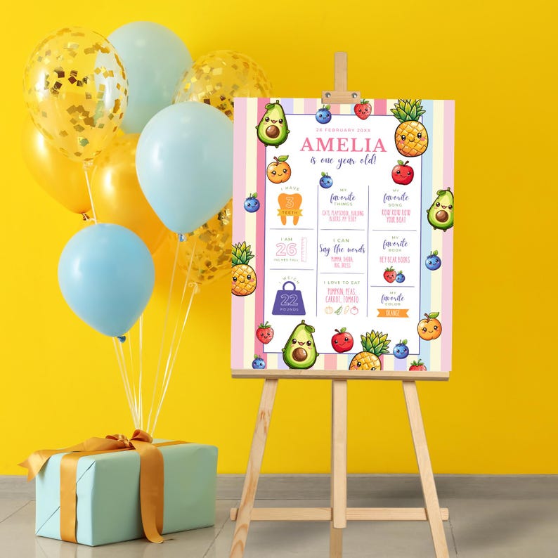 Dancing Fruit 1st Birthday Milestone Board Template, Edit Canva Instant ...