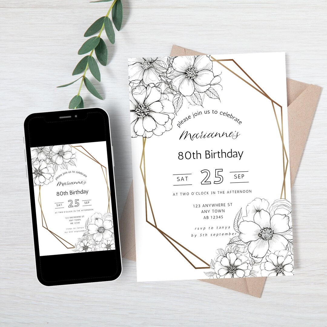 80th Birthday Invitation Digital Template, Elegant Monochrome Outline ...