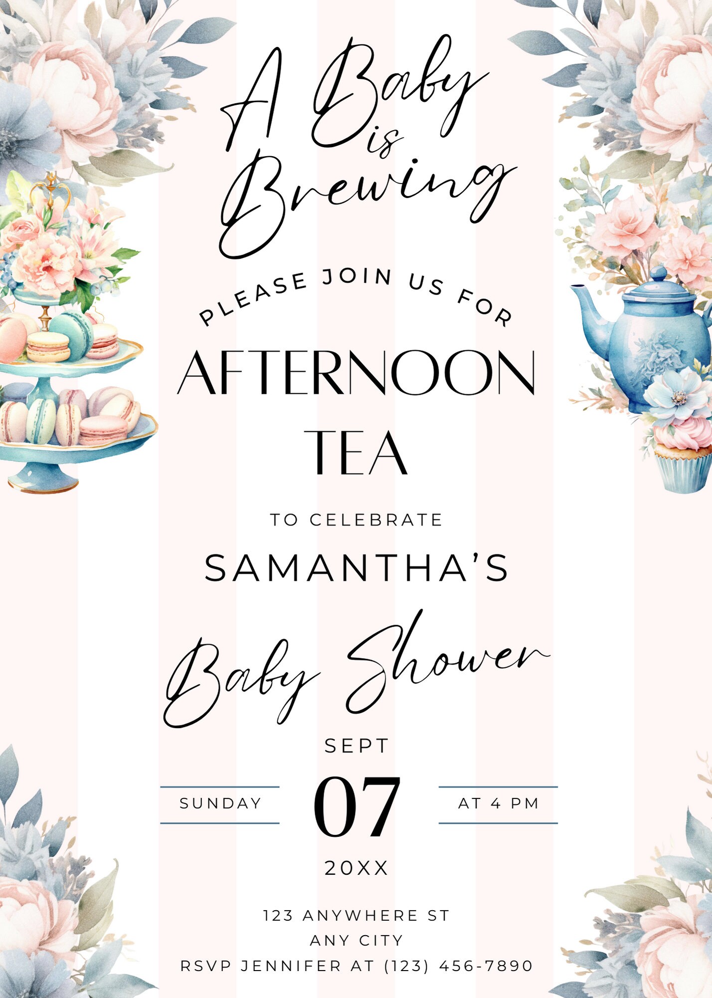 Editable Afternoon Tea Baby Shower Invitation Template, Pink & Blue ...