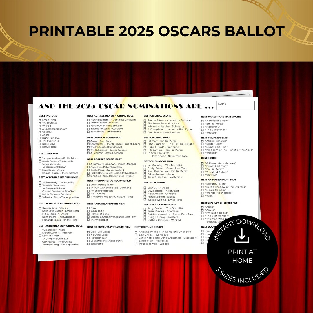 Printable Oscars 2025 Ballot, Guess the Winner, Hollywood Academy ...