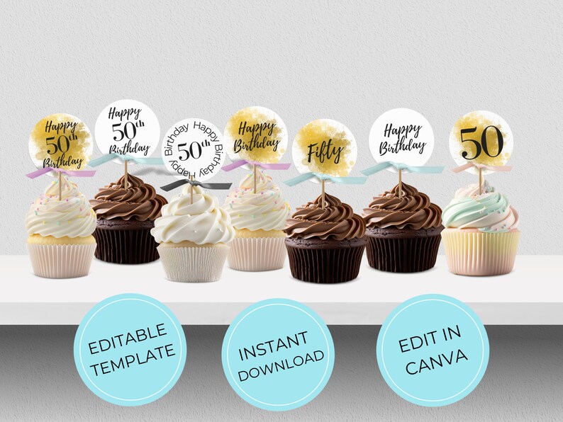 50th Birthday Cupcake Topper Template, Black and Gold, 2 Sizes, 2 X 2 ...
