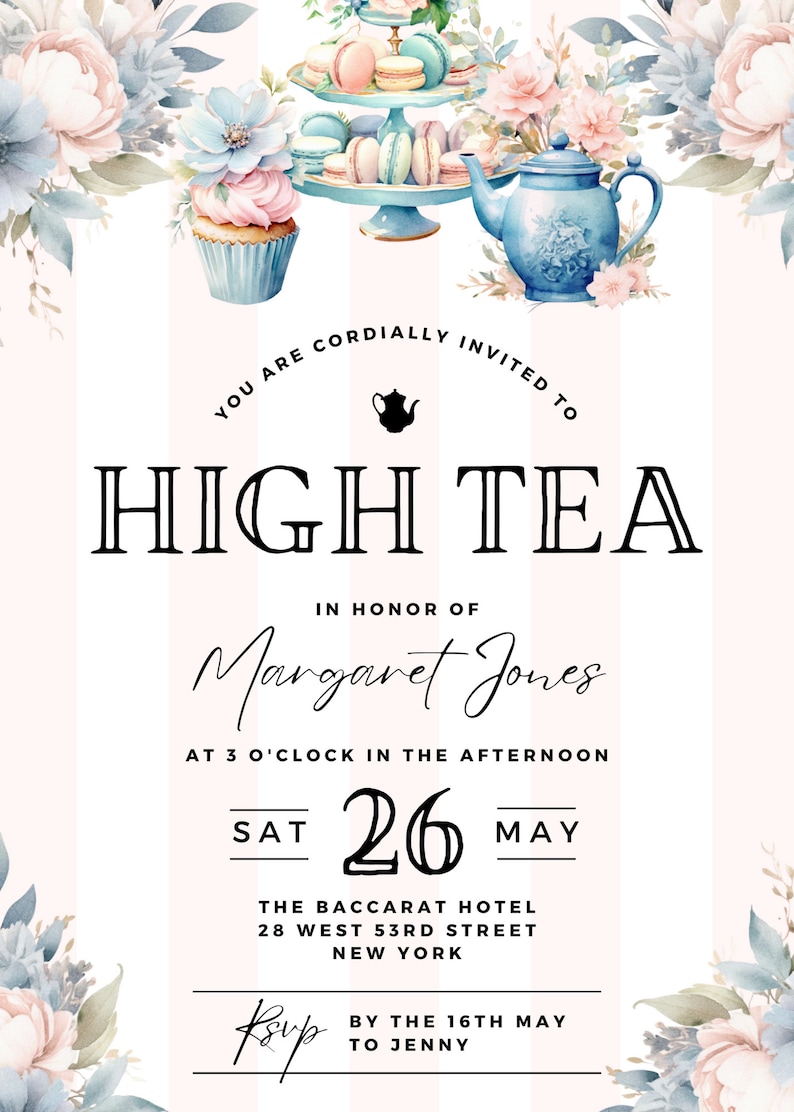 Editable High Tea Digital Invitation Template, Pink Florals, Edit in ...