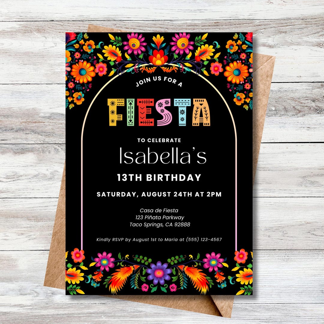 Mexican Embroidery Fiesta Birthday Party Invitation Template, Otomi ...