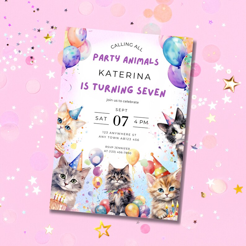 Editable 7th Birthday Invitation, Party Cats Kittens, Girls Turning ...
