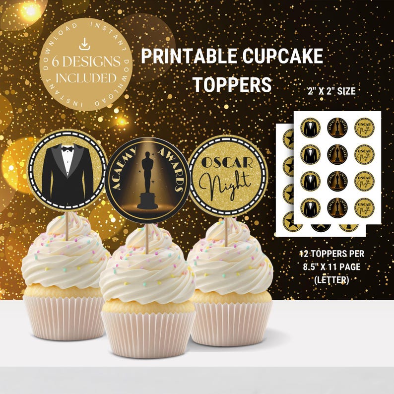 Printable Oscars Themed Cupcake Toppers, Round 2" Favor Tags, Movie ...