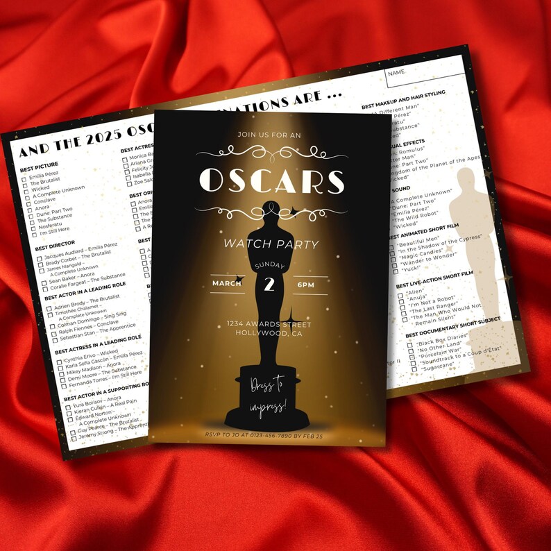Printable Oscars Watch Party Invitation Template & 2025 Ballot, Academy ...