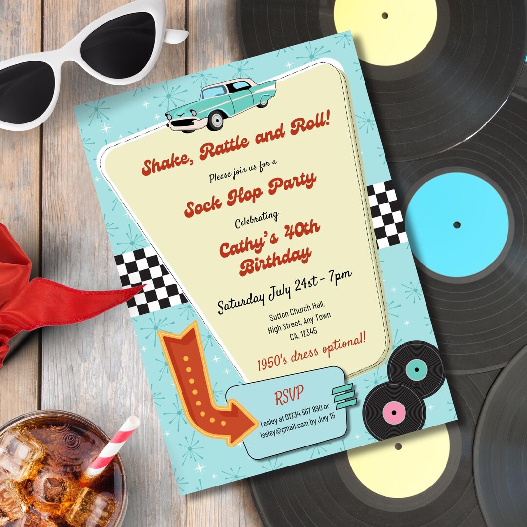 Sock Hop Party Invitation, Editable in Canva, 1950s Theme Invite ...