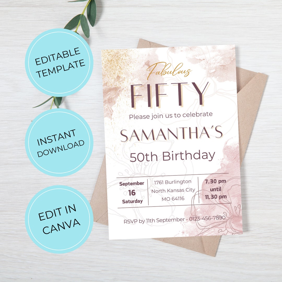 Editable 50th Birthday Invitation, Digital Template, Subtle Abstract ...