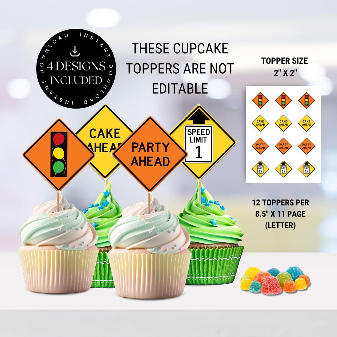 1st Birthday Road Sign Cupcake Toppers, 2" Diamond Cake Flags ...