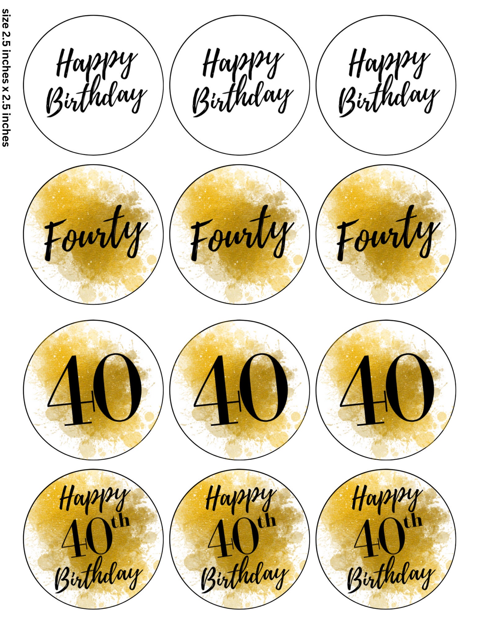 40th Birthday Cupcake Topper Template, Black and Gold, 2 Sizes, 2 X 2 ...