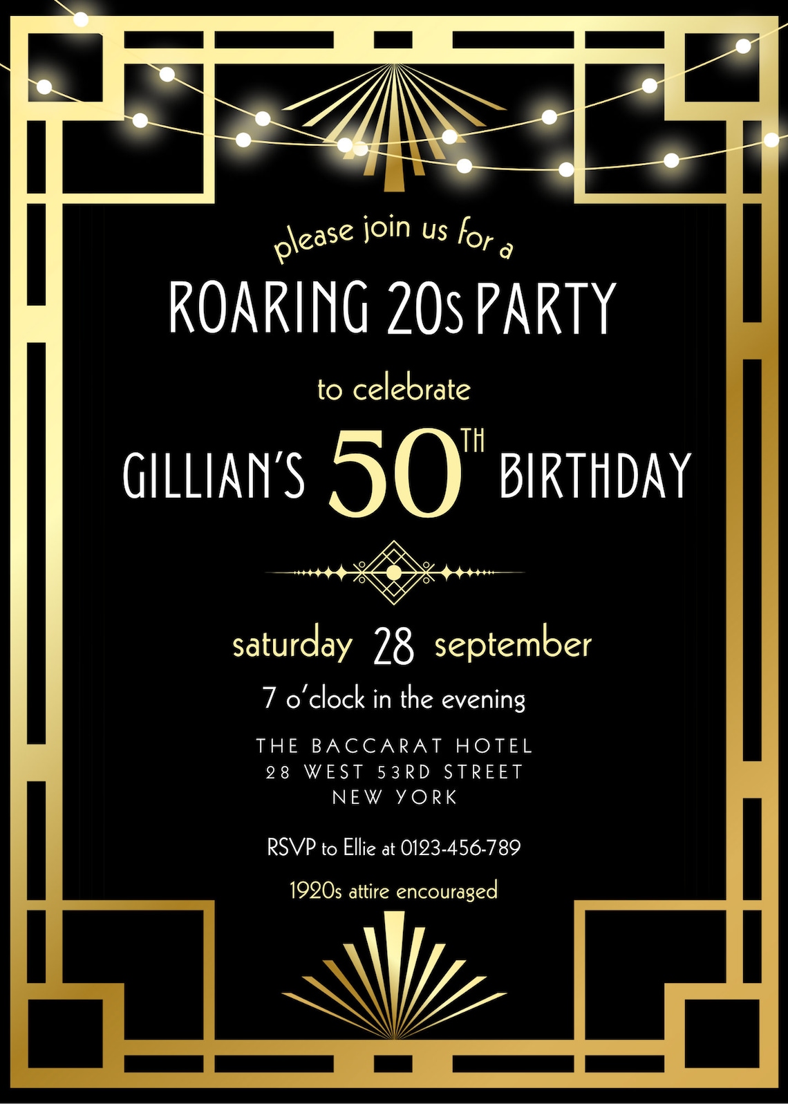Roaring 20s Art Deco Themed 50th Birthday Invitation, Digital Template ...