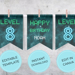 Editable Retro Gaming Party Birthday Bunting Banner Template Instant ...