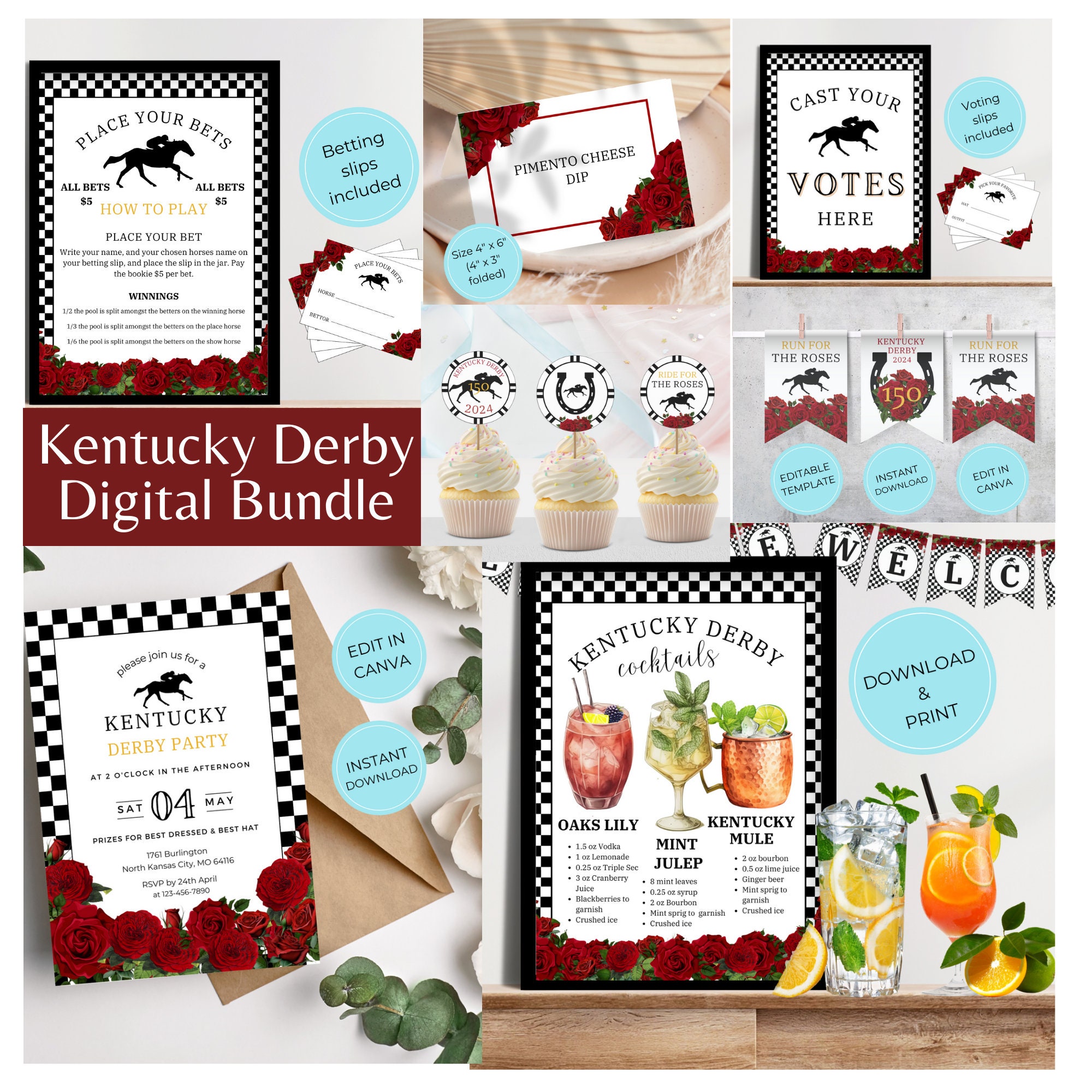 Kentucky Derby Party Decorations Template Bundle, Invitation, Bunting ...