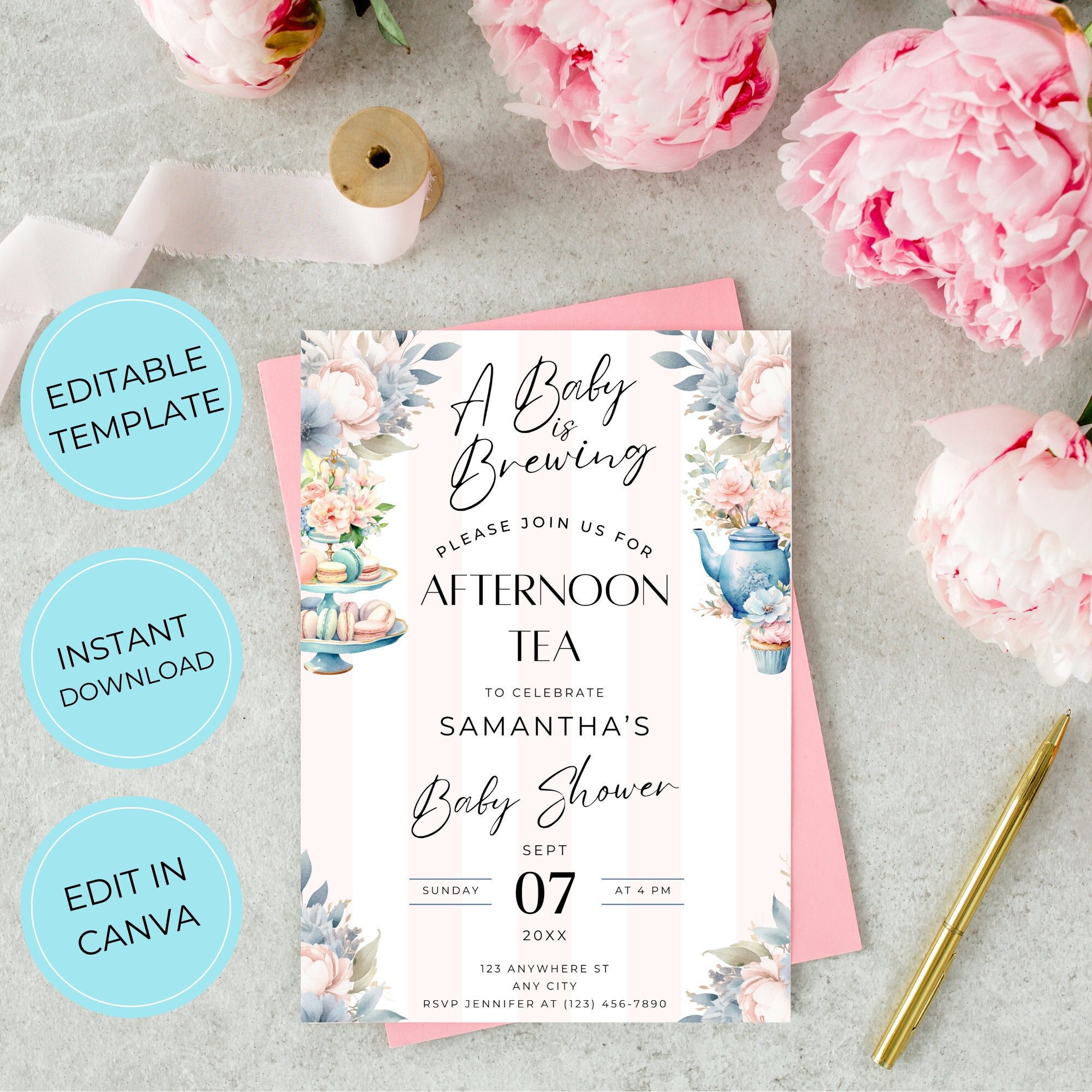Editable Afternoon Tea Baby Shower Invitation Template, Pink & Blue ...