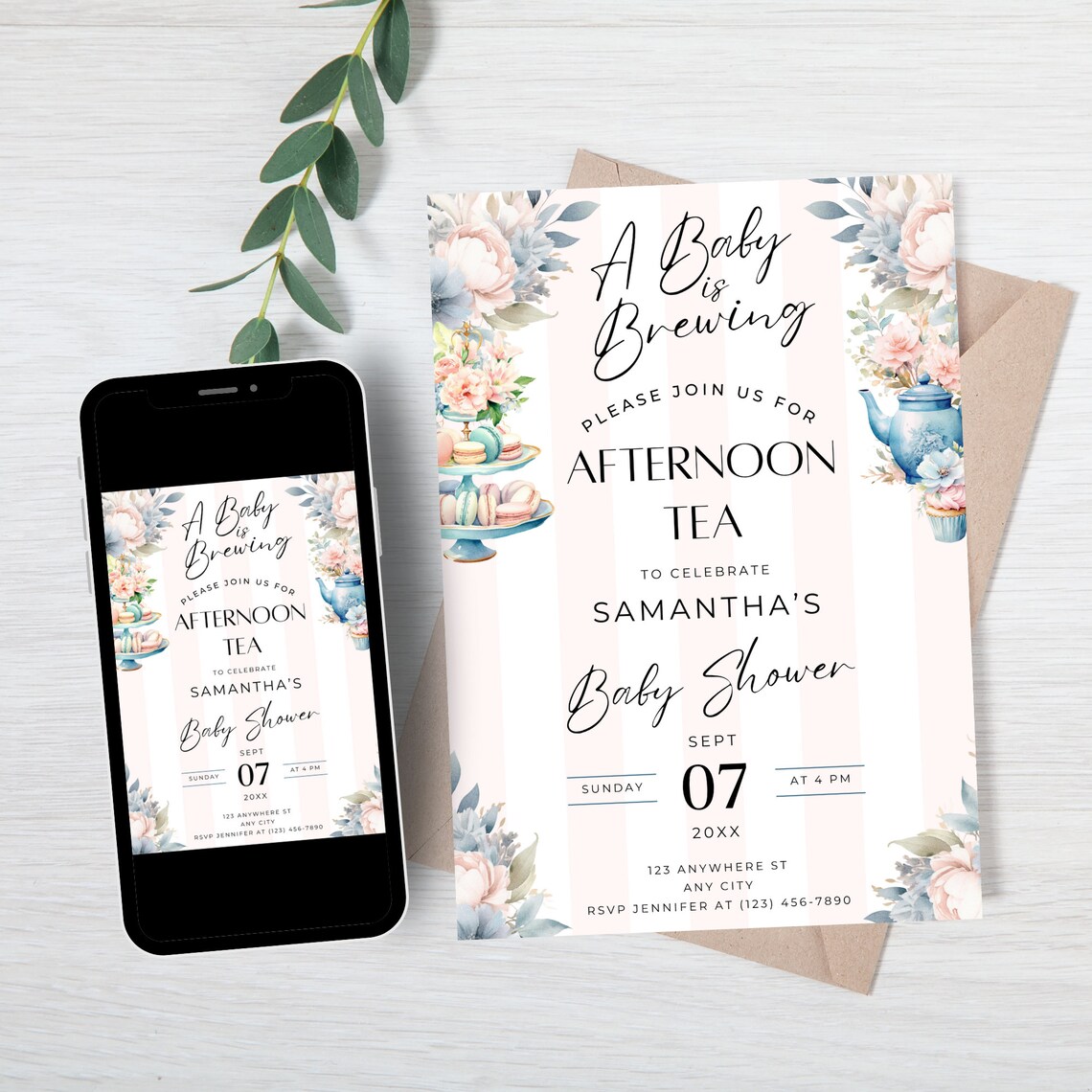 Editable Afternoon Tea Baby Shower Invitation Template, Pink & Blue ...