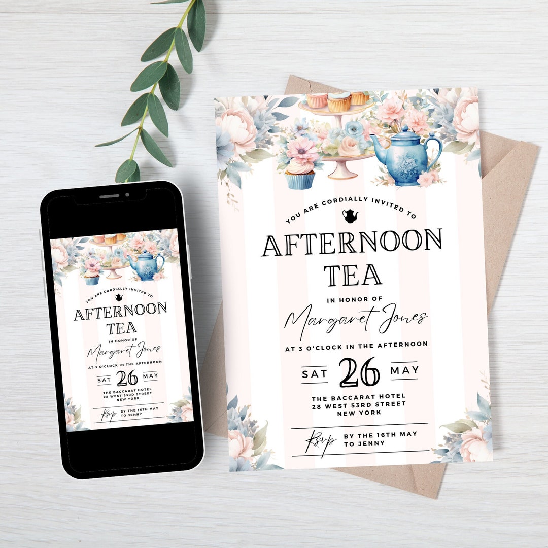 Editable Afternoon Tea Party Digital Invitation Template, Pink Florals ...