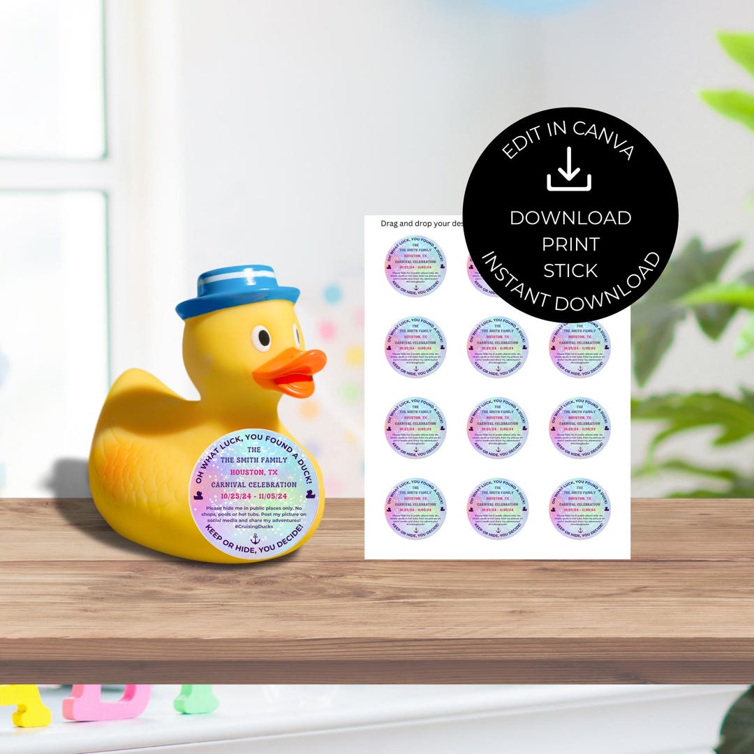 Printable Large 2" Round Circle Cruising Duck Stickers, Edit in Canva ...