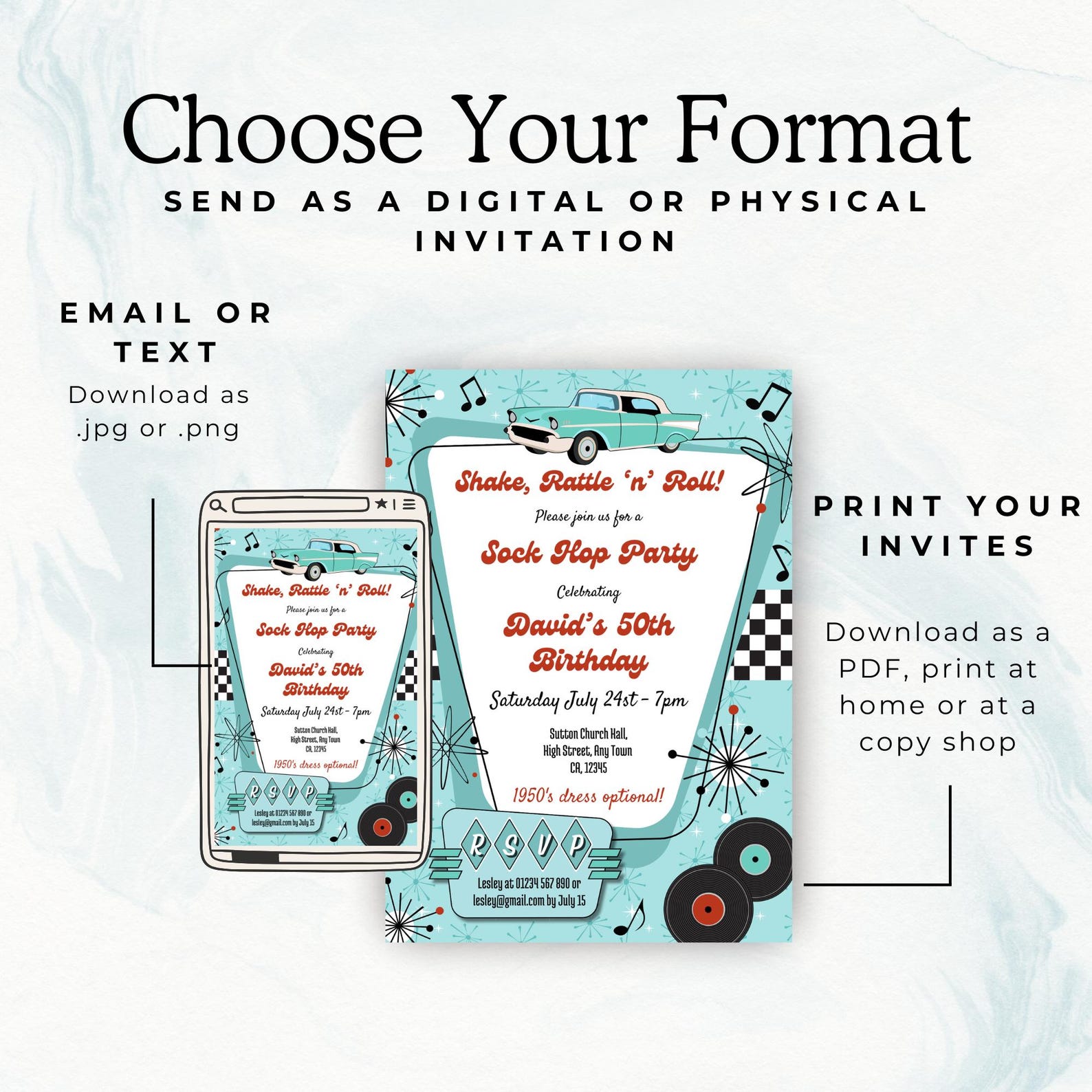 Sock Hop Party Invitation, Editable in Canva, 1950s Theme Invite ...