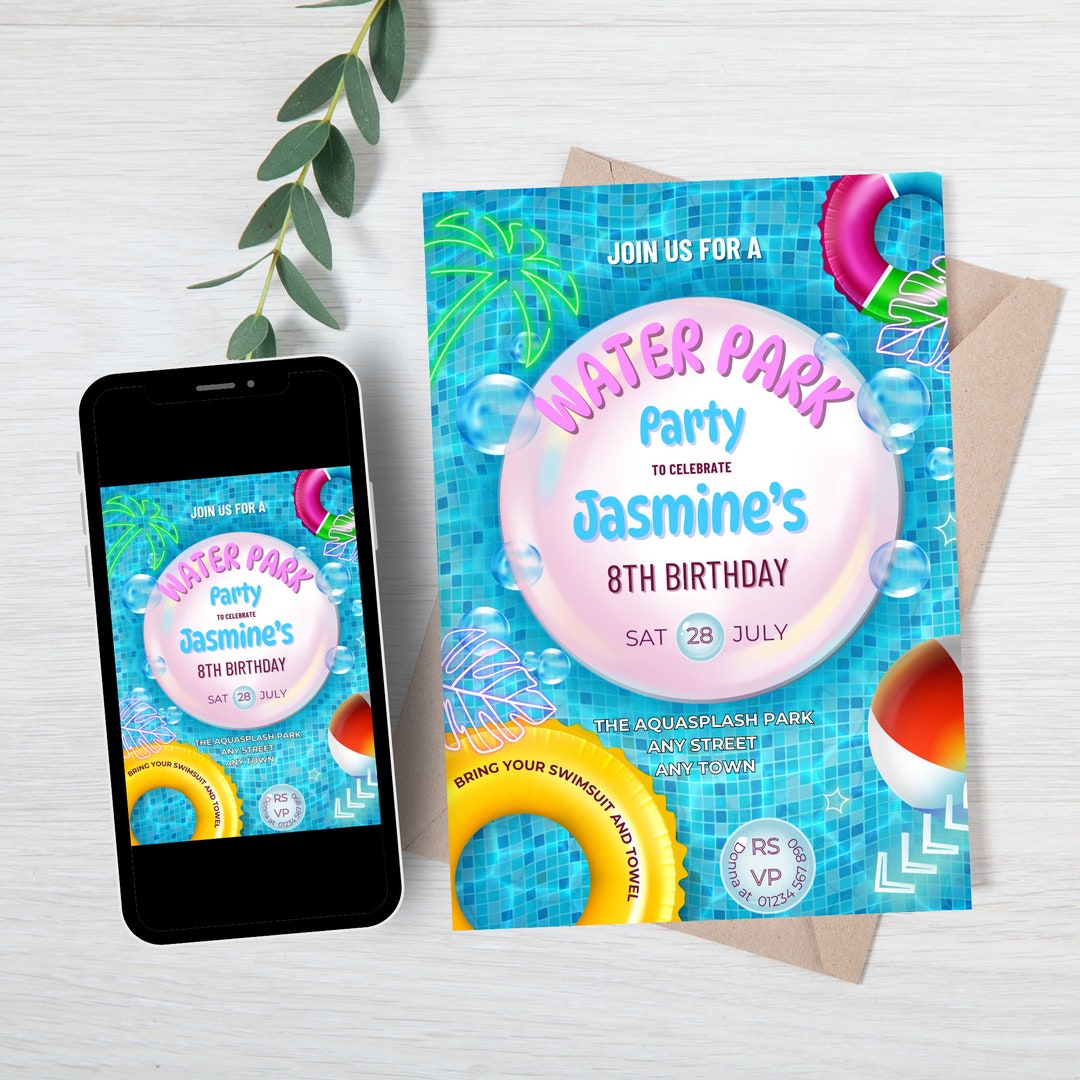 Birthday Party Invites Waterpark, Printable Editable in Canva, Water ...