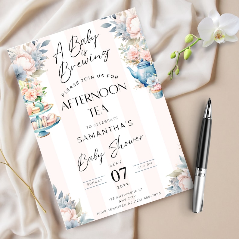 Editable Afternoon Tea Baby Shower Invitation Template, Pink & Blue ...