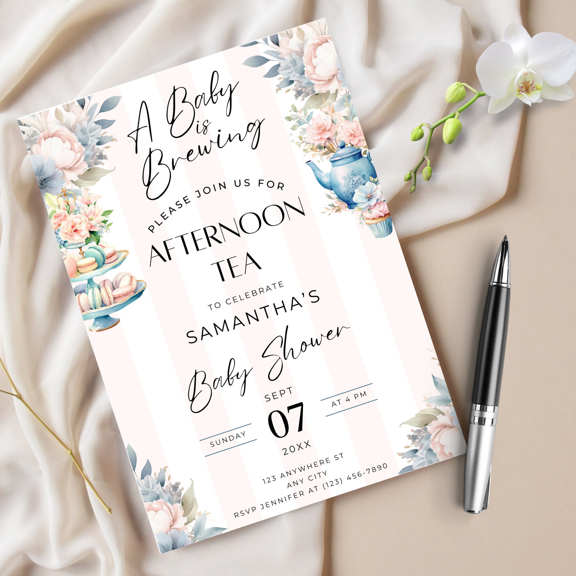 Editable Afternoon Tea Baby Shower Invitation Template, Pink & Blue ...