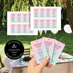 Printable Labubu Thank You Tags, Birthday Party Favor Labels, Editable ...