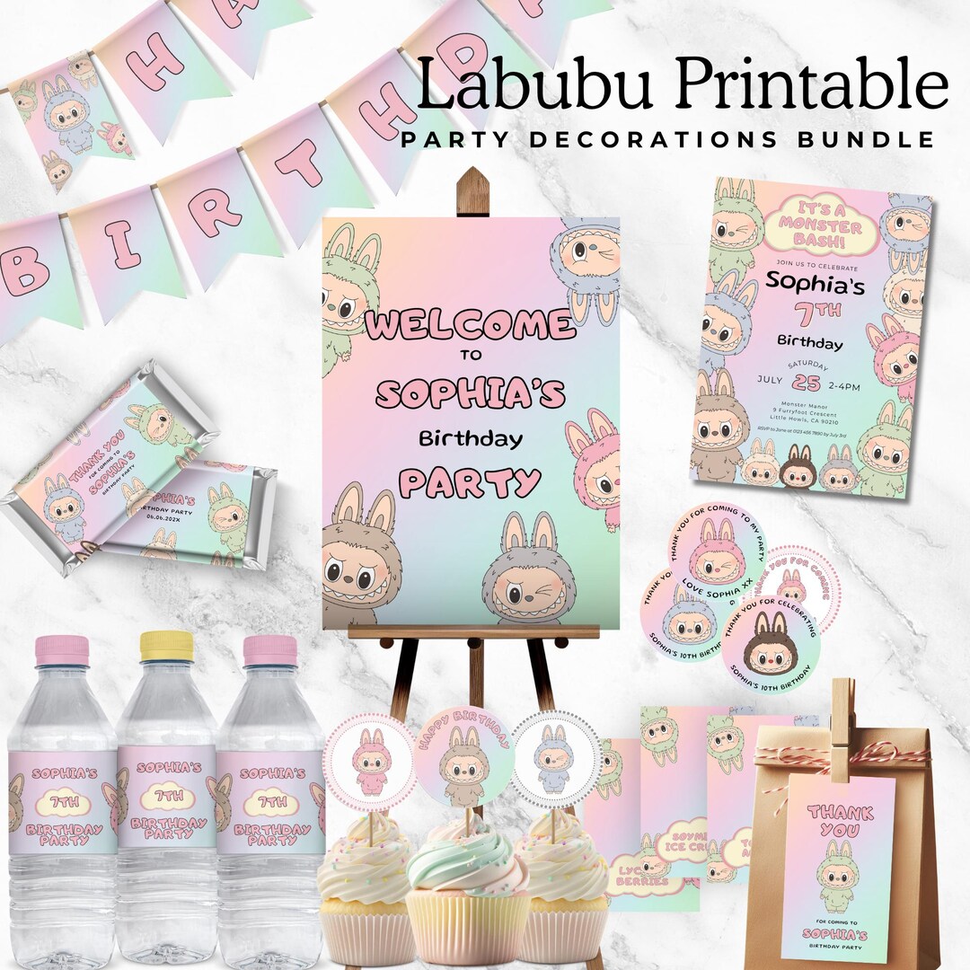 Labubu Birthday Party Decorations Template Bundle, Invitations, Bunting ...