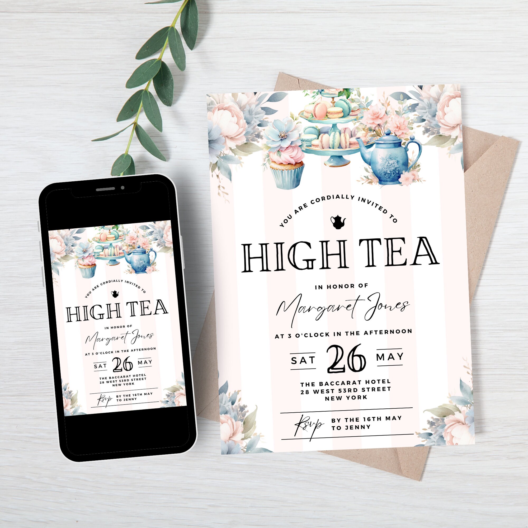 Editable High Tea Digital Invitation Template, Pink Florals, Edit in ...