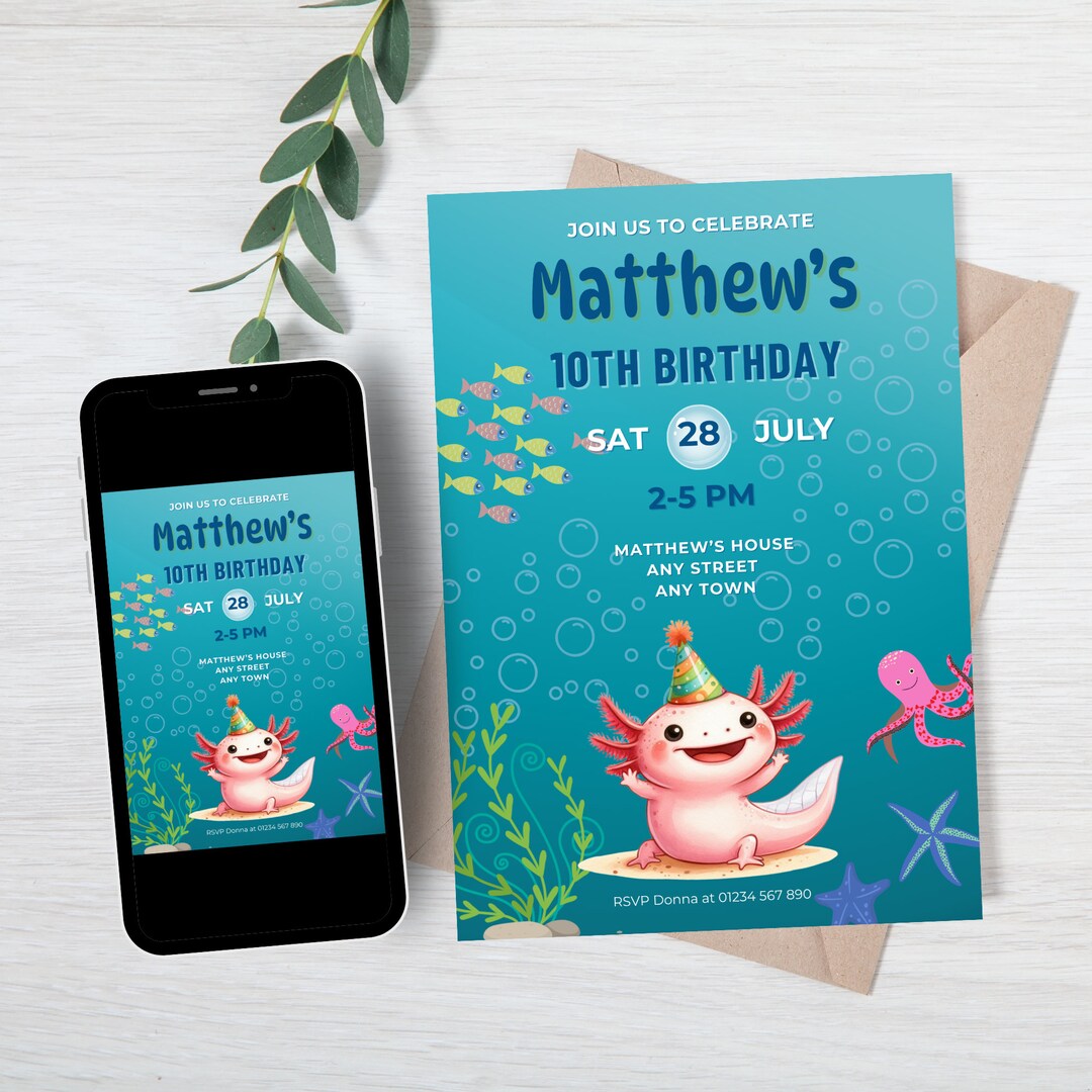 Axolotl Birthday Invitation Blue, Printable, Edit in Canva, Boys Party ...