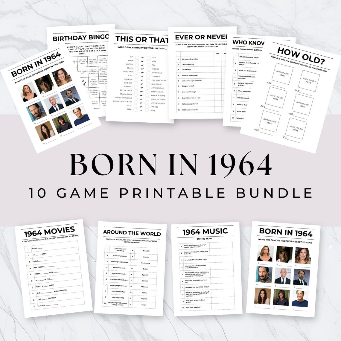 Born in 1964 Party Games Printable, 60th Birthday Trivia Activities ...