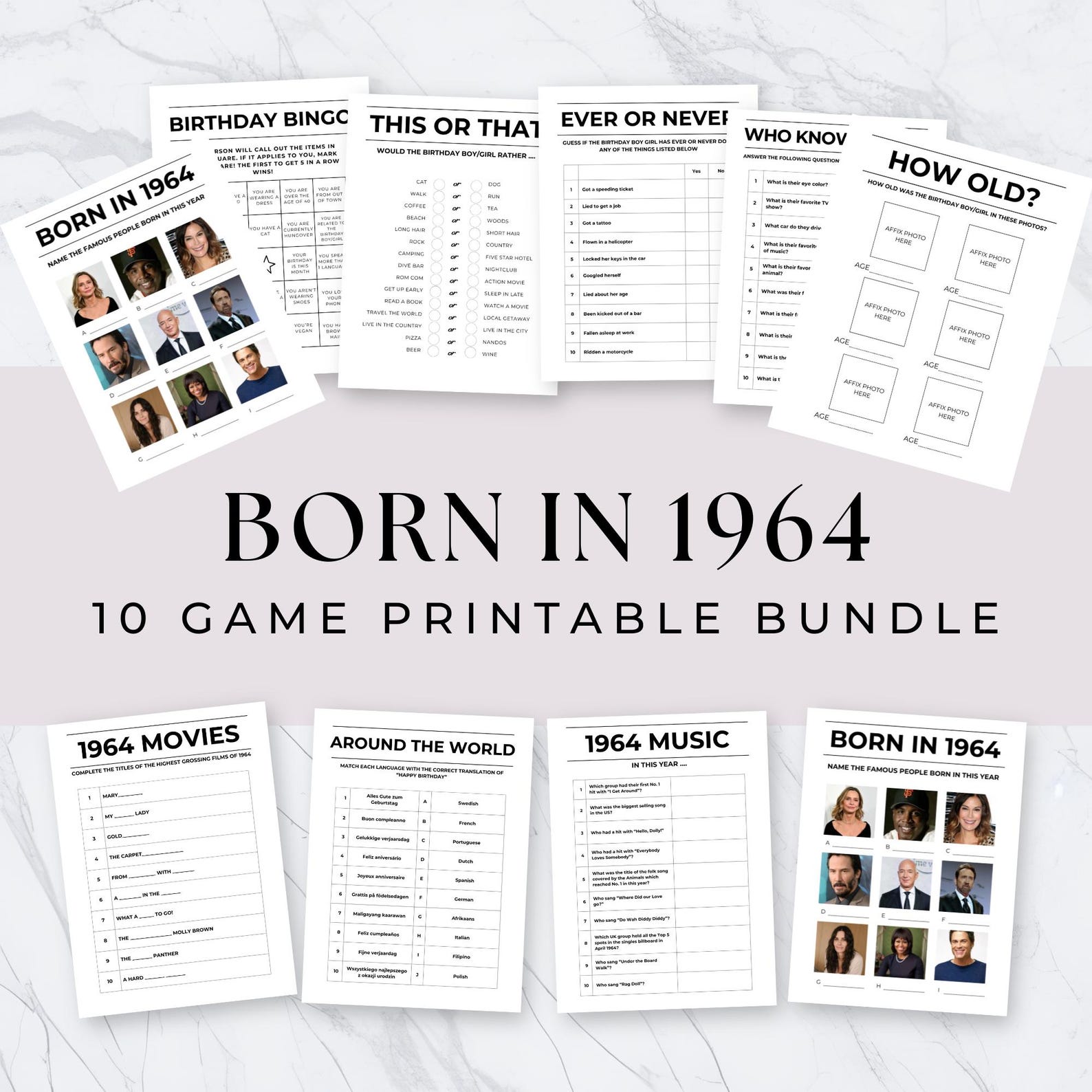 Born in 1964 Party Games Printable, 60th Birthday Trivia Activities ...