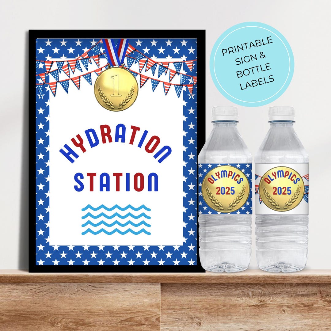 Hydration Station Sign & Water Bottle Labels, Sports Watch Party ...