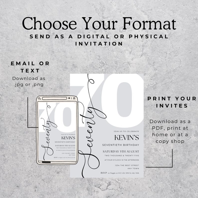 Printable 70th Birthday Party Invitation, Digital Minimalist Monochrome ...
