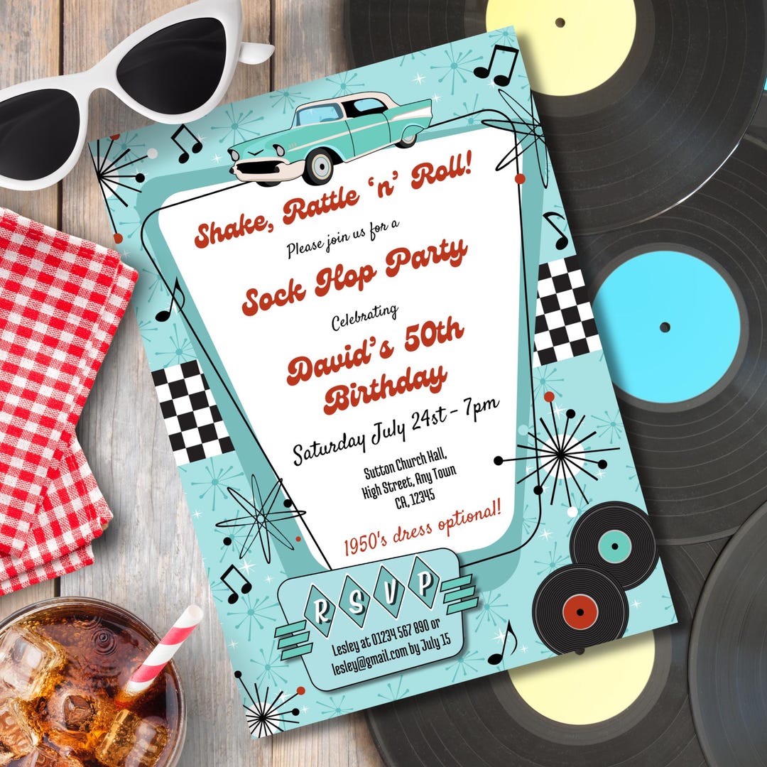 Sock Hop Party Invitation, Editable in Canva, 1950s Theme Invite ...