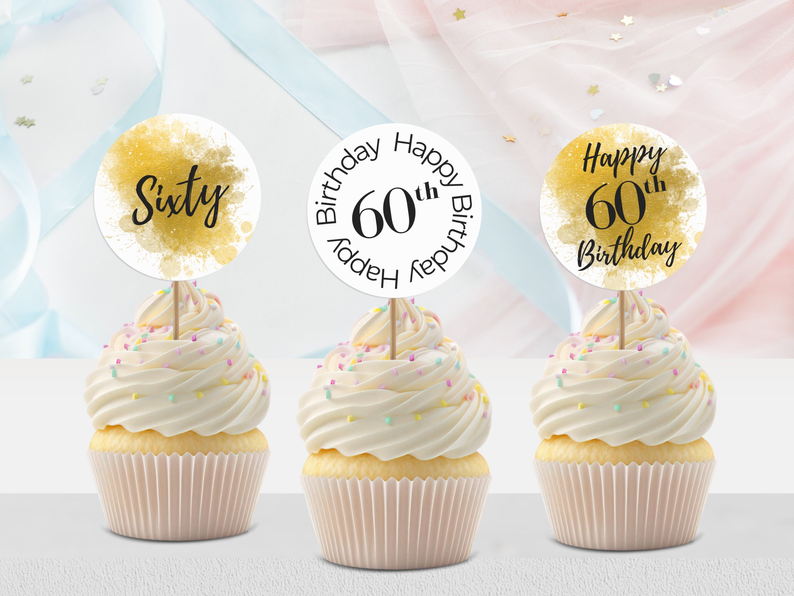 60th Birthday Cupcake Topper Template, Black and Gold, 2" X 2" & 2.5" X ...