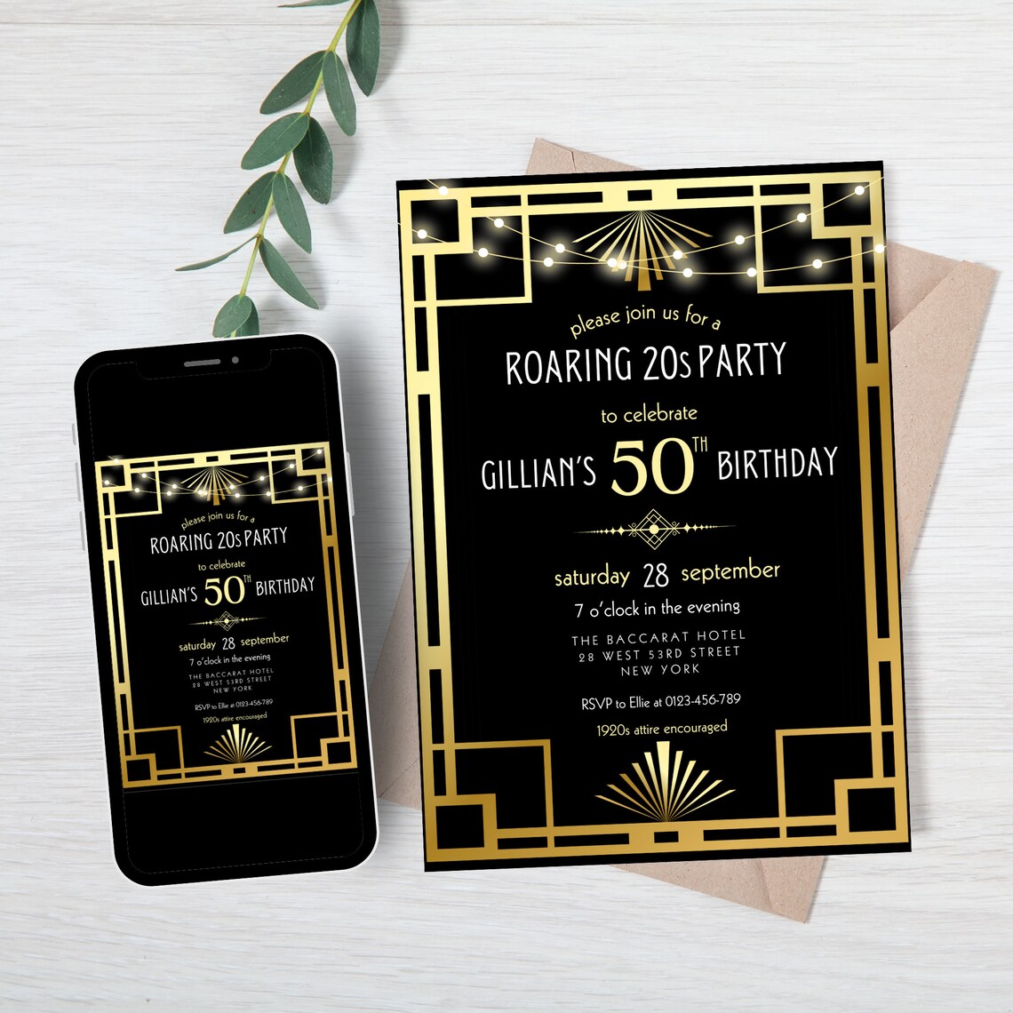 Roaring 20s Art Deco Themed 50th Birthday Invitation, Digital Template ...