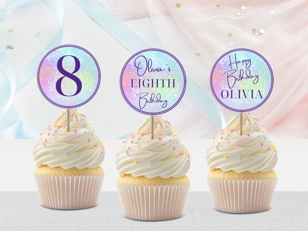 Printable Girls 8th Birthday Cupcake Toppers Template Purple Rainbow ...