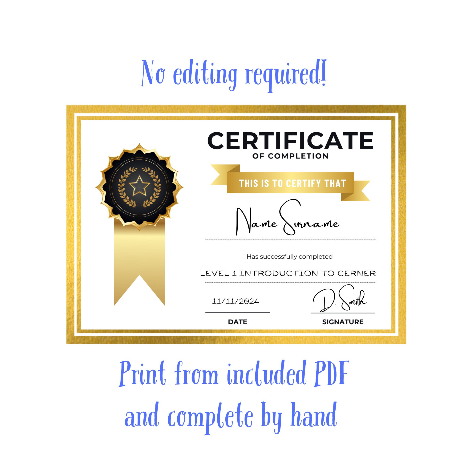 Certificate of Completion Printable PDF, Instant Download, Print ...