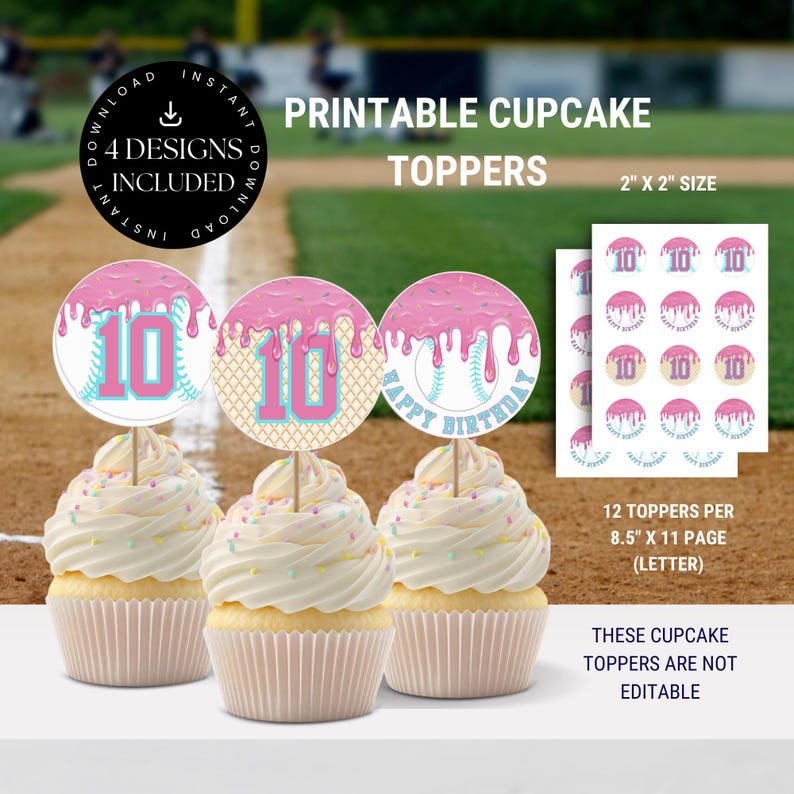 Baseball Drip Printable 10th Birthday Cupcake Toppers, Round 2" Favor ...