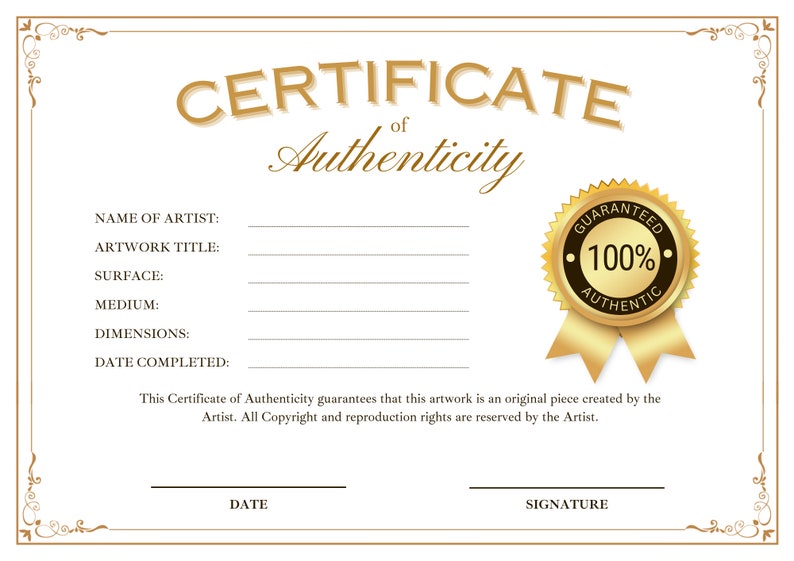 Printable Certificate of Authenticity for Art, PDF Format, Instant ...