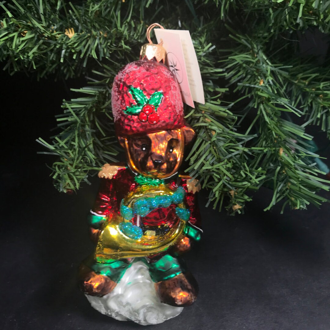 Christopher Radko Teddy Bear Ornament, French Horn, Vintage Blown Glass ...