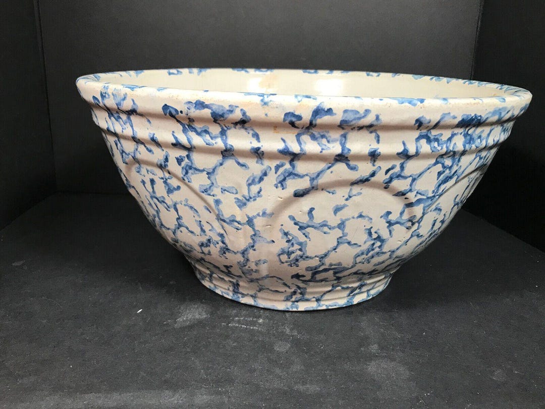 Antique Spongeware Heart Panel Mixing Bowl Large 14" Stoneware Rustic ...