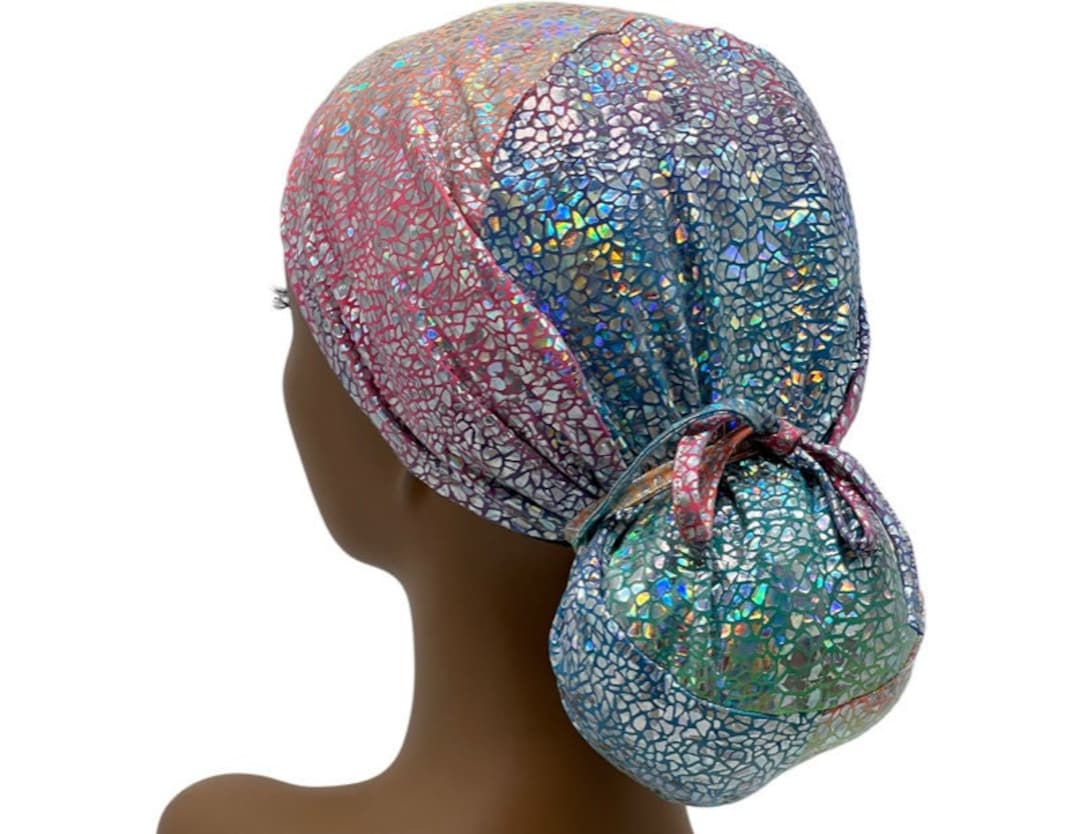 STRETCH Ponytail Scrub Cap,ava Mermaid Metallic Scrub Cap for Women ...