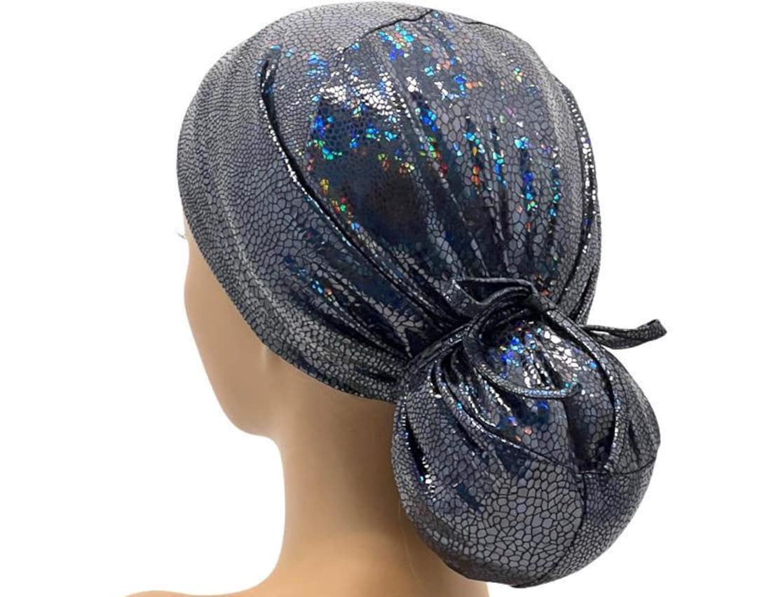 STRETCH Ponytail Scrub Cap,ava Black Oil Slick Metallic Illuminated ...